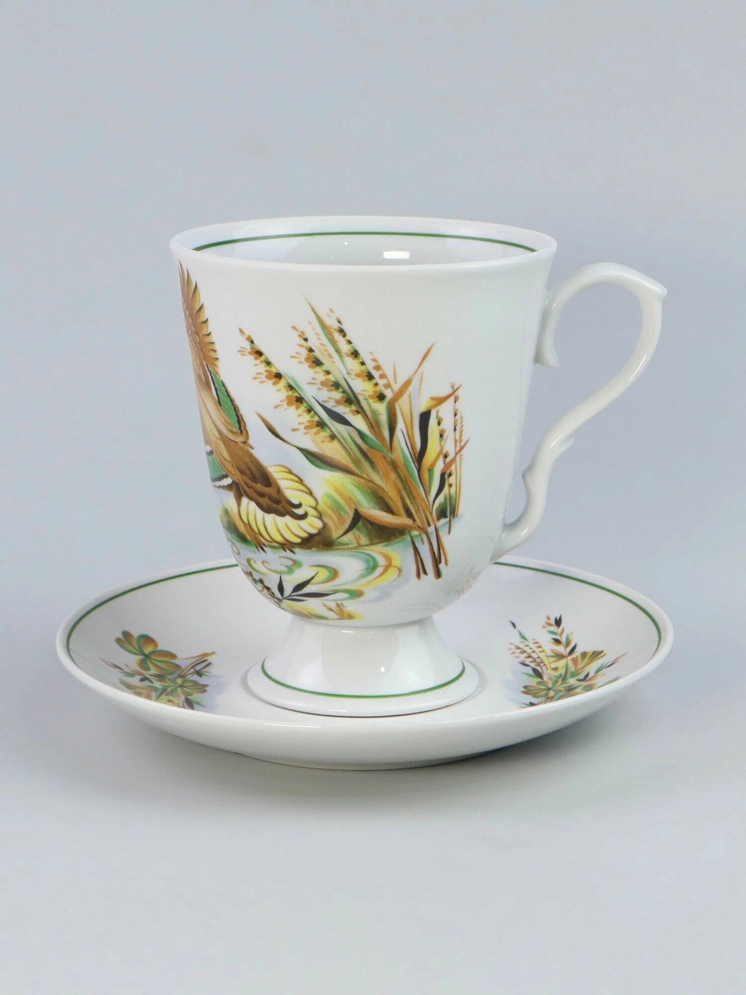 Чайный бокал с блюдцем Дулёвский фарфоровый завод ДФЗ. Форма "Классический", рисунок "Утки". Фарфор.