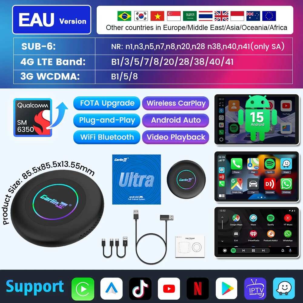 128G Carlinkit Ultra2 Android 15 CarPlay Ai Box Беспроводной Android Авто видеоадаптер Поддержка Youtube Netflix TF SIM-карты WiFi 6