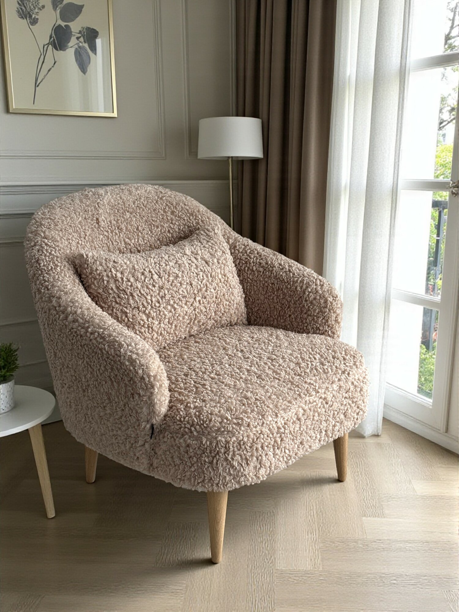 Кресло классическое "Унно", Коричневый мех, скандинавское кресло, барашек