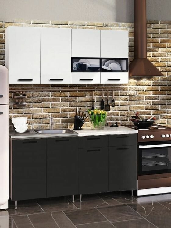 Кухонный гарнитур 1.6м Рио белый глянец/черный глянец со столешницей, МИФ