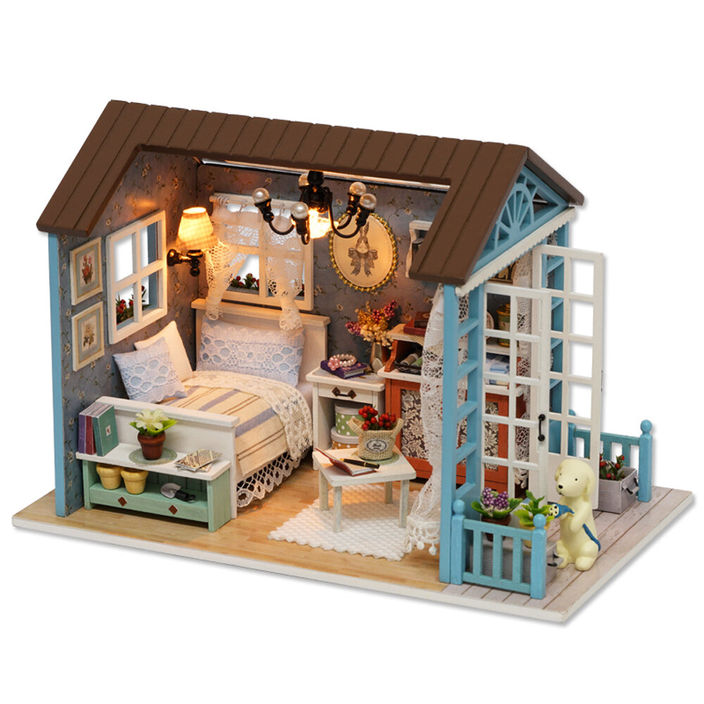 DIY Dollhouse Wooden Room Assemble Kit Home Decoration Miniature House Model Self-installed Simulation Dollhouse blue time nice years holiday time wood metal cloth paper 210*155*125mm 245*180*60mm 700g 1 kit 2*CR2025 3V 150mAh
