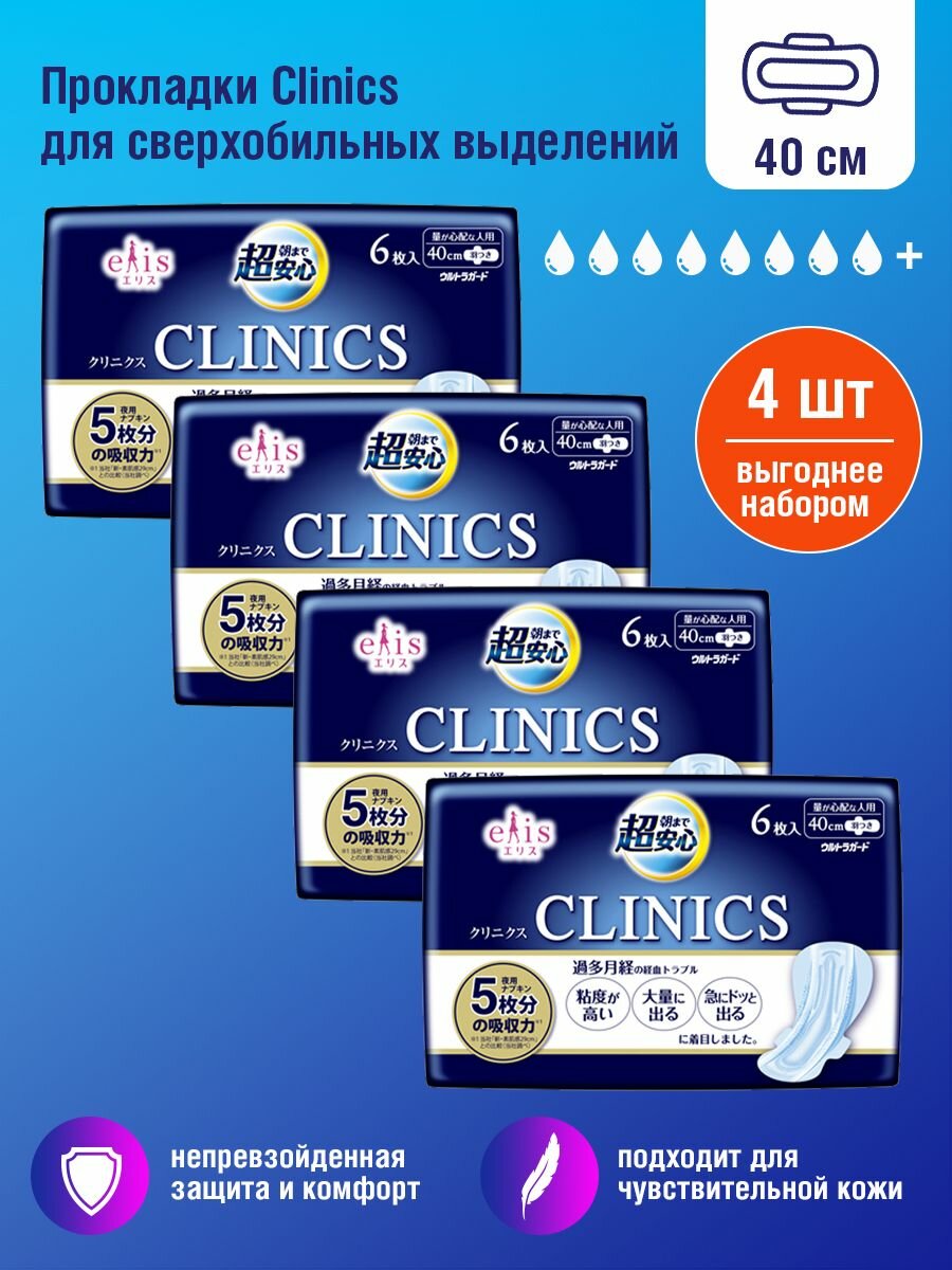 Женские прокладки Elis. Clinics при гиперменореи, 8+ капель, 40 см, 24 шт