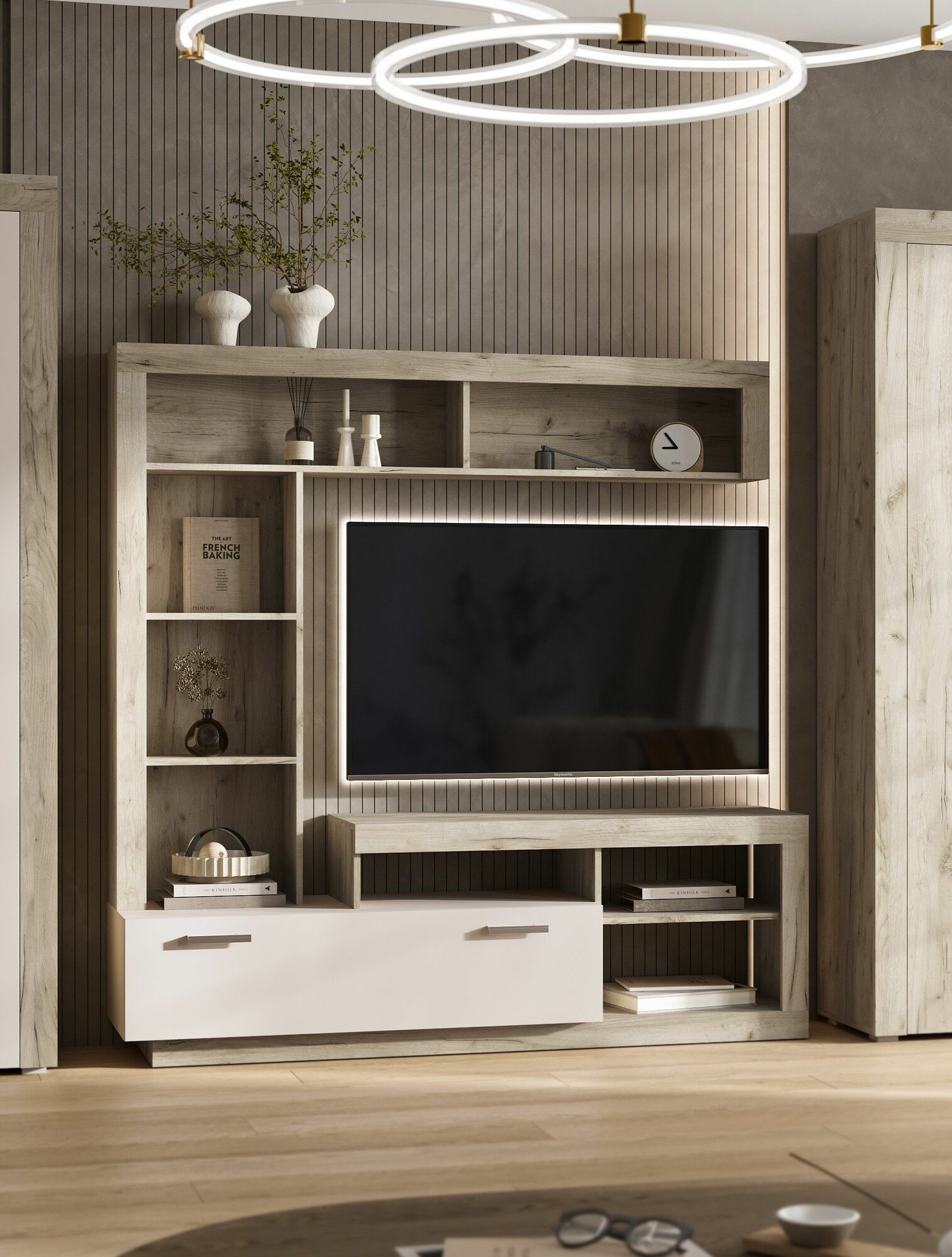 Стенка для гостиной Ангара (Кашемир/Дуб Крафт серый)