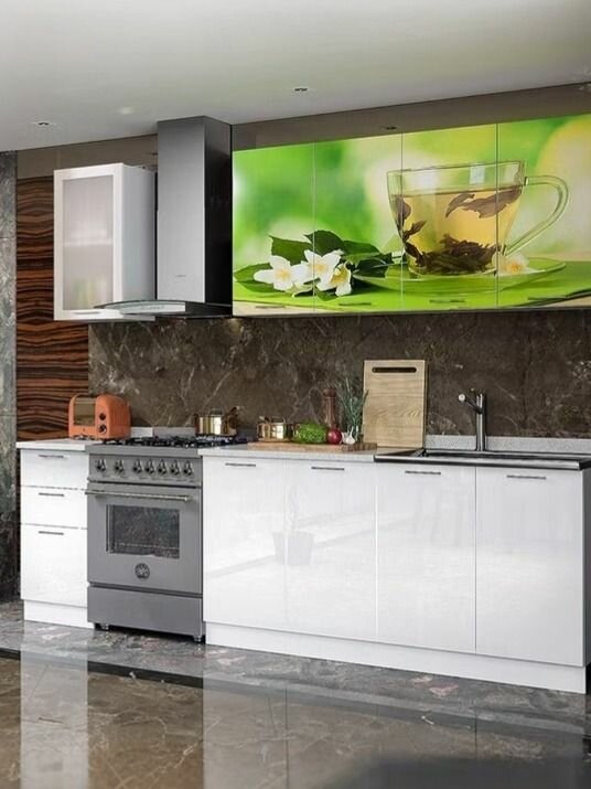 Кухонный гарнитур с фотопечатью Чай мята 1,8м белый глянец/черный глянец МИФ