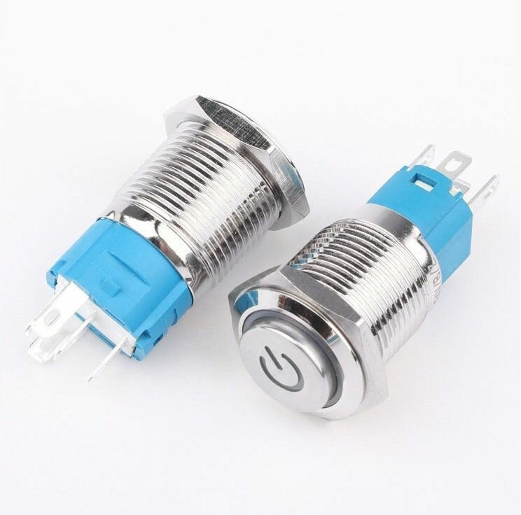 Антивандальная металлическая кнопка 16 мм 12-24V с проводами водонепроницаемая (красная подсветка)