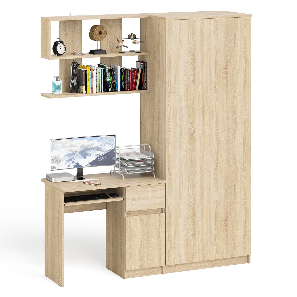 Компьютерный стол однотумбовый правый с полкой и платяной шкаф Мори МШ800.1, дуб сонома, 170,4х50,4х209,6 см