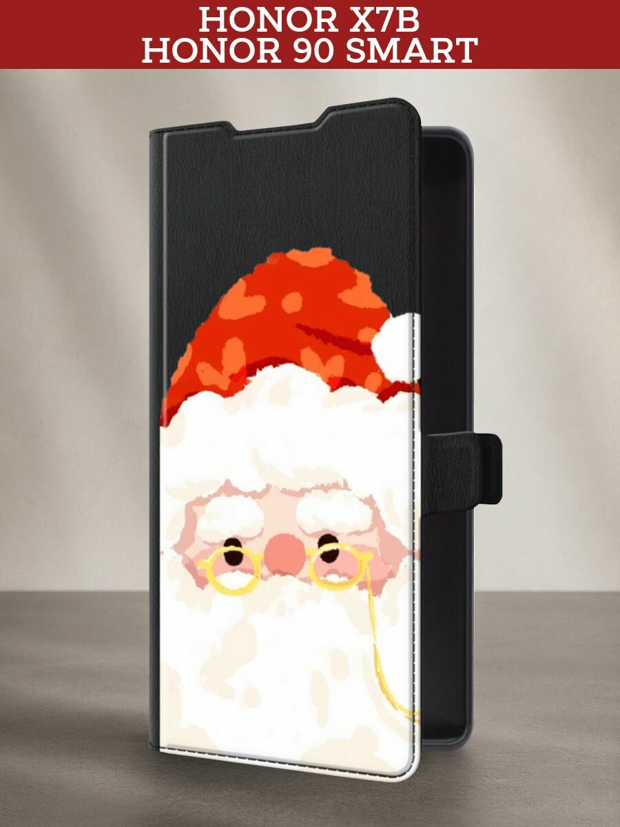 Чехол-книжка на Honor X7b/90 Smart / Хонор X7B/90 Смарт с рисунком Санта клаус, черный