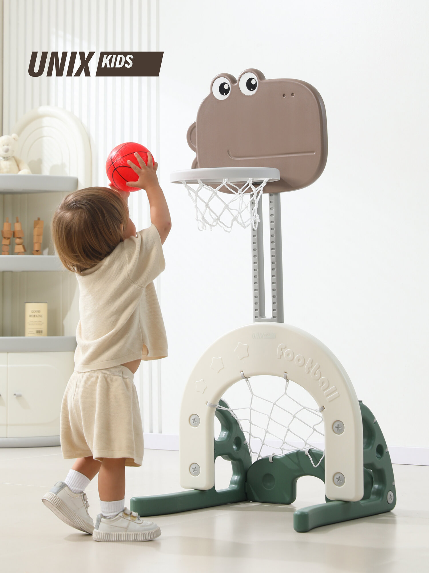 Игровой комплекс UNIX Kids Dino (3 в 1) для дома и улицы: баскетбольная стойка, хоккейные ворота, футбольные ворота