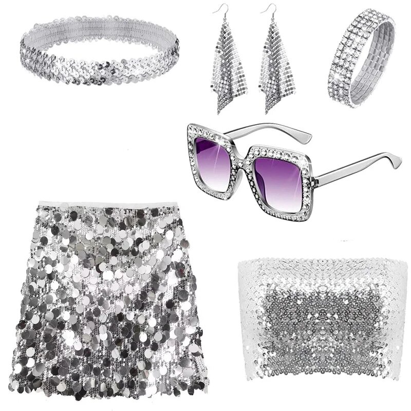 Ретро диско костюм 70-х для женщин XS, Белый, White