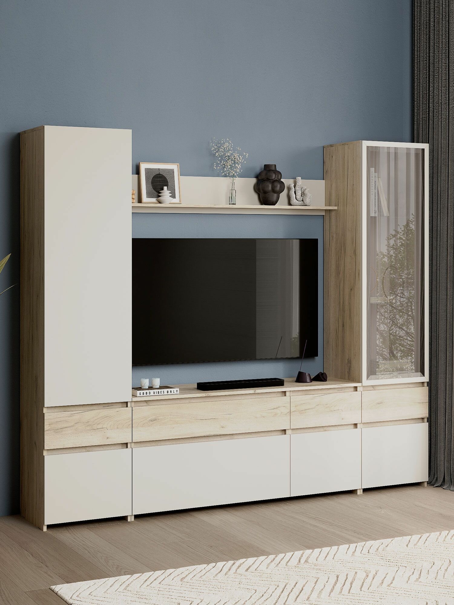 Гостиная комплект Бостон Макси с полками, с ящиками, 225х42х195.6 см, Дуб Крафт серый / Кашемир