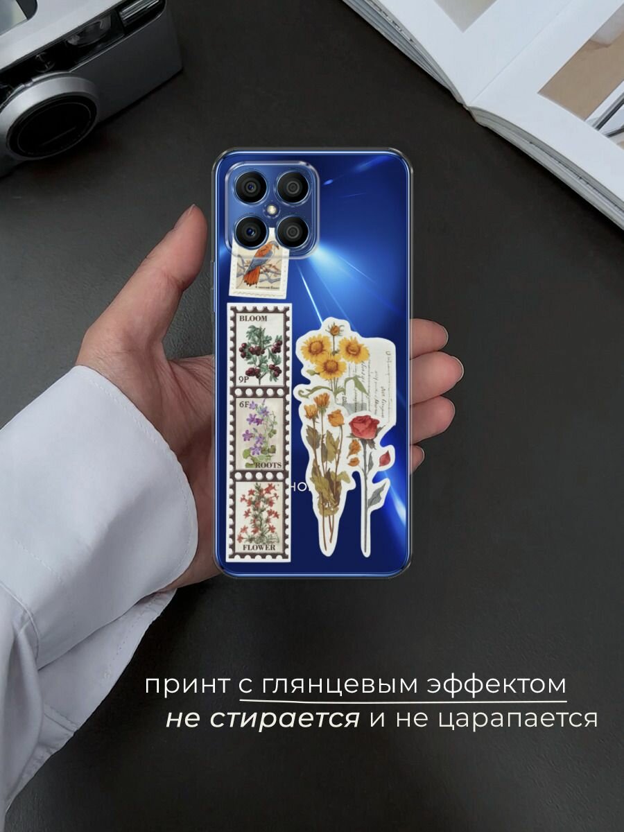 Силиконовый чехол на Honor X8 / Хонор X8 с принтом Марки с цветами — фото 1