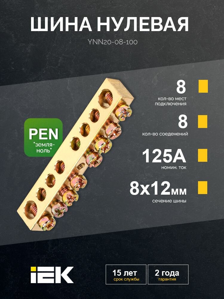 Шина нулевая PEN "земля-ноль" 8х12мм 8/1 (8групп/креп по цент) IEK