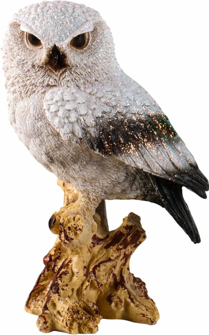 Фигурка новогодняя "Сова на коряге" с глиттером из полистоуна, статуэтка для интерьера и праздника, сувенир в подарок, фигура праздничная под елку, высота 22 см