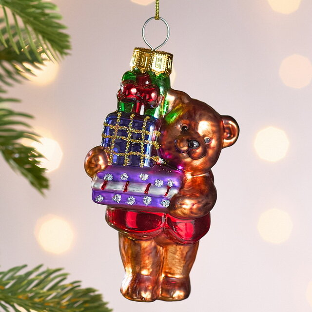 Елочная игрушка Мишка с подарками 9 см, стекло, Winter Deco, 5030074