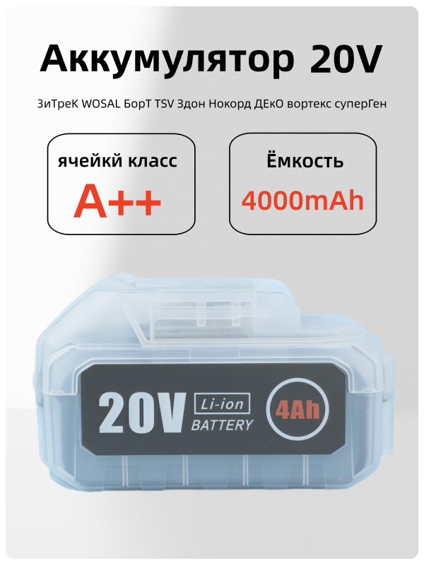Аккумулятор VVOSAI 20В 4Ач Матовый корпус с видимой начинкой