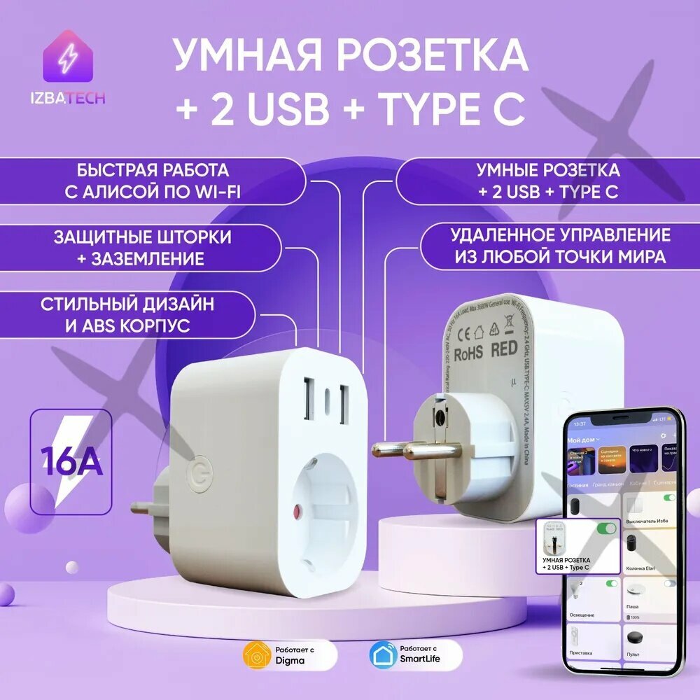 Умная WIFI розетка для Алисы на 2 порта USB и Type C есть шторки и заземление 2.1А