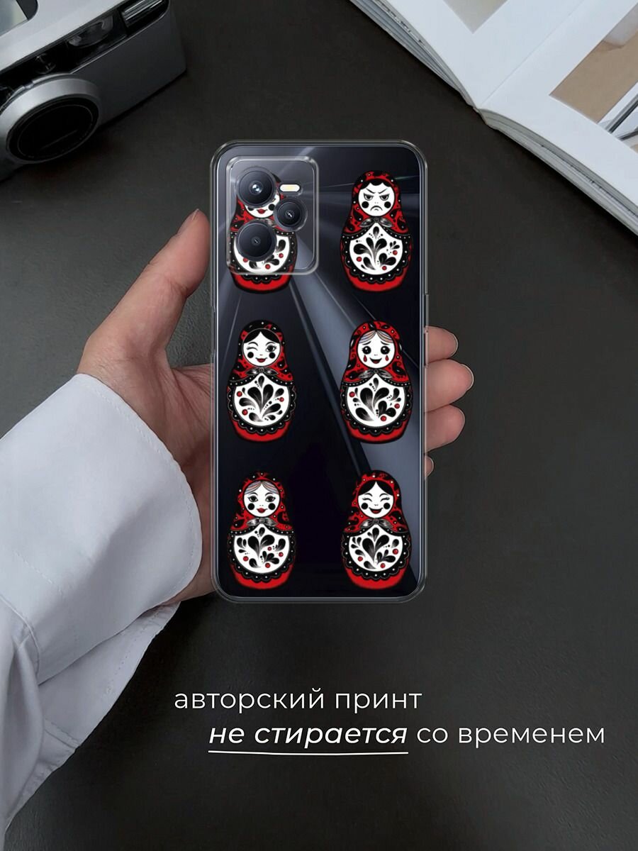 Чехол на Realme C35 / Реалми C35 с принтом Разные матрешки, прозрачный — фото 1