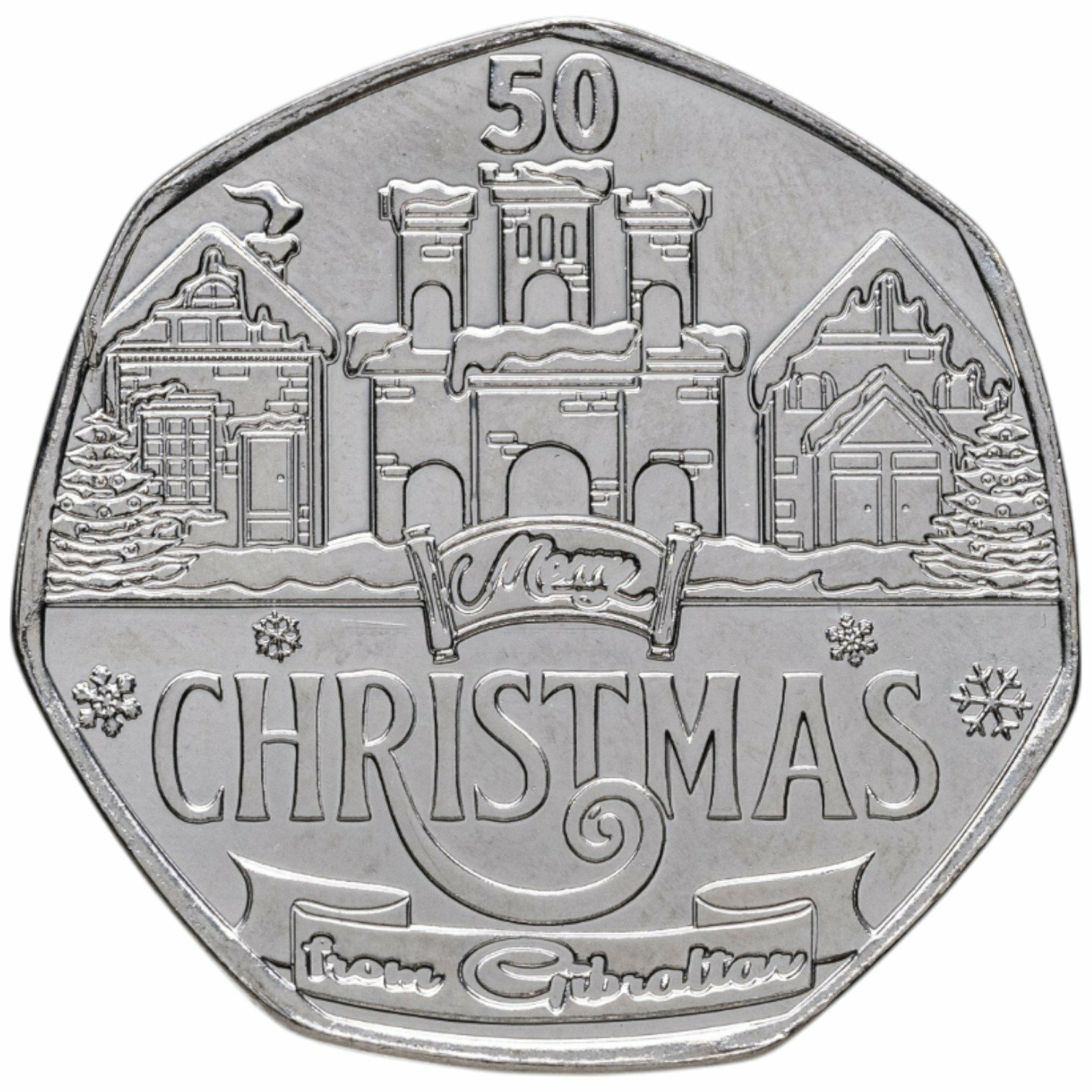 Гибралтар 50 пенсов 2024 "Рождество" Карл III, Мельхиор медь-никель, в сохранности UNC