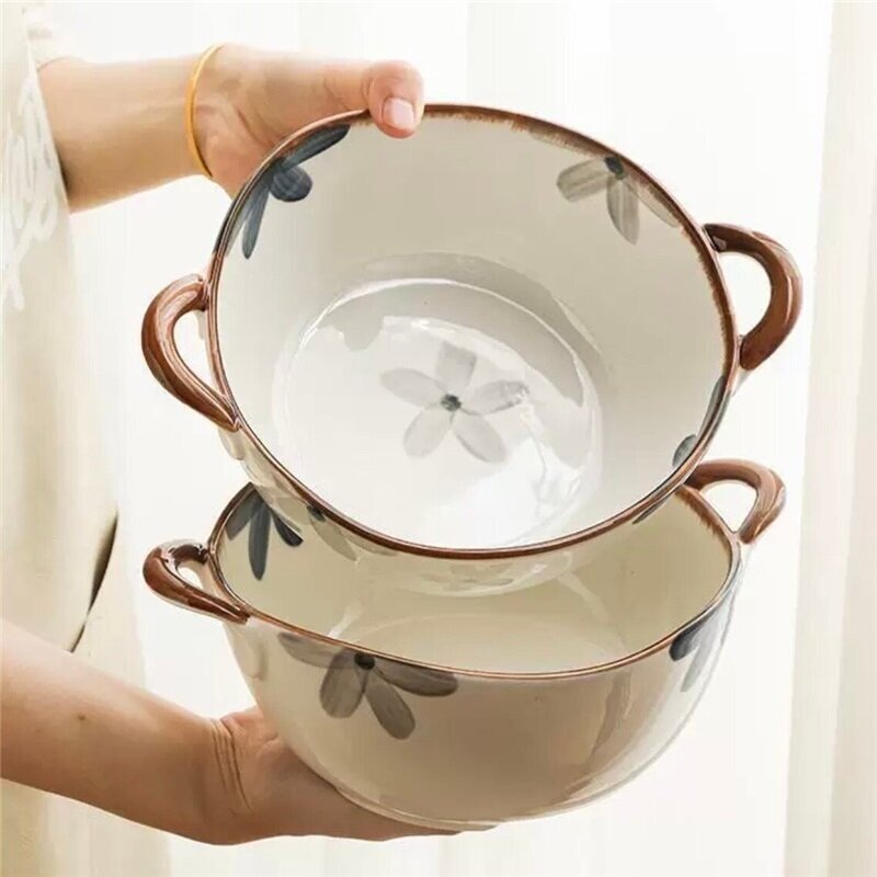 Миска для супа с темно-синим цветком и двумя ручками / Керамическая салатница с винтажной ручкой 800мл