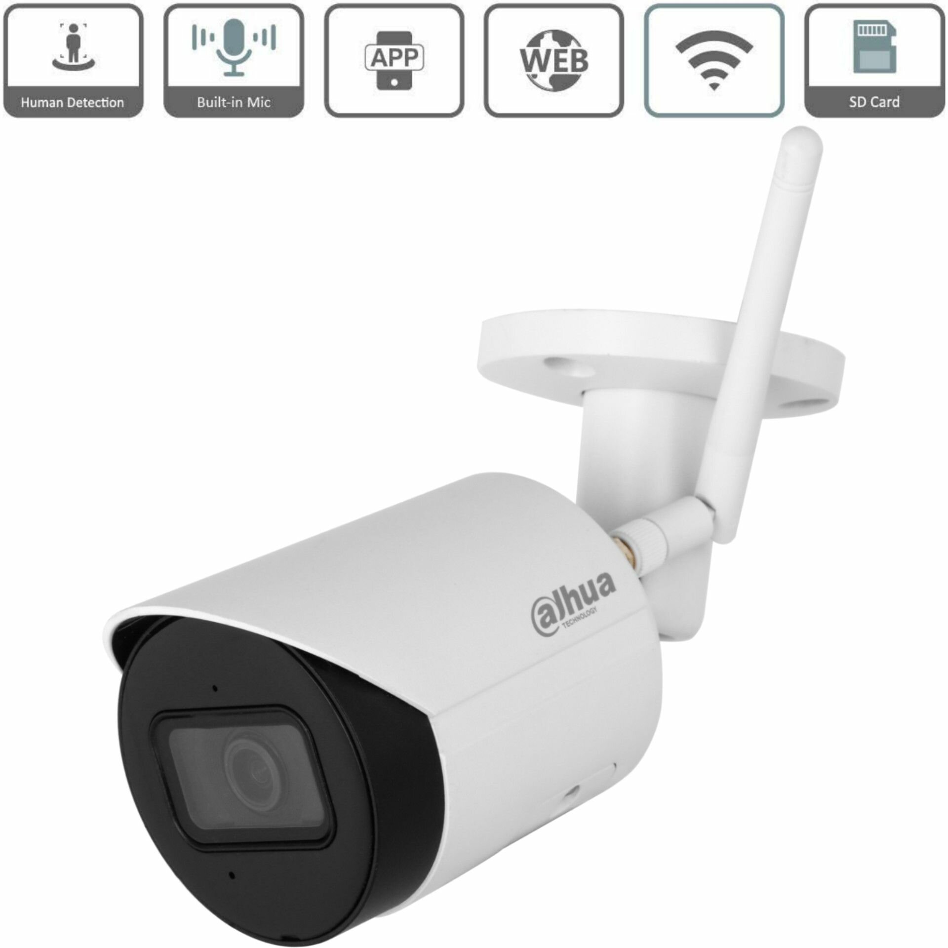 Dahua DH-IPC-HFW1230DSP-SAW-0360B 2Мп 3,6 мм камера видеонаблюдения WiFi уличная, цилиндрическая IP видеокамера для улицы беспроводная связь, с ИК подсветкой, 1920x1080 Full HD