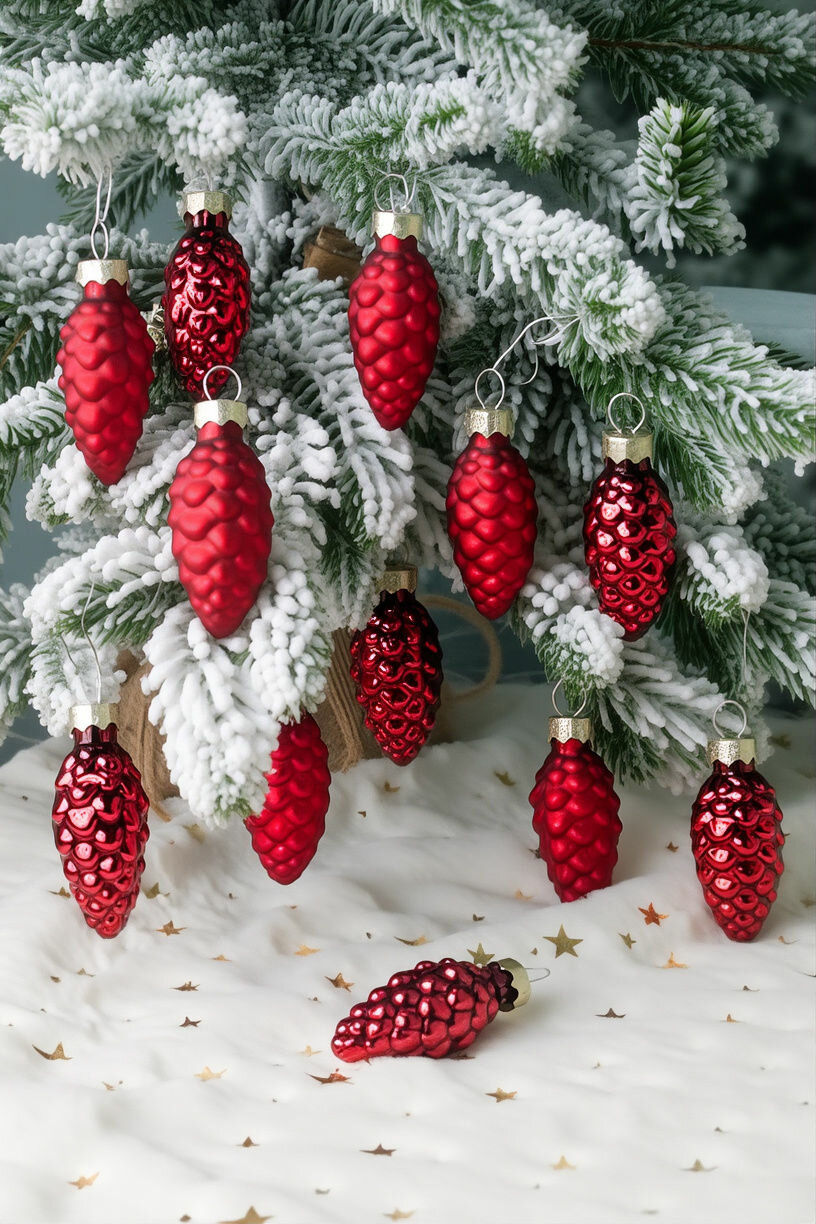 Набор ёлочных игрушек шишки-малышки стеклянные, глянцевые и матовые, цвет: бордовый, 60 мм, упаковка 12 шт, Winter Deco 1001403