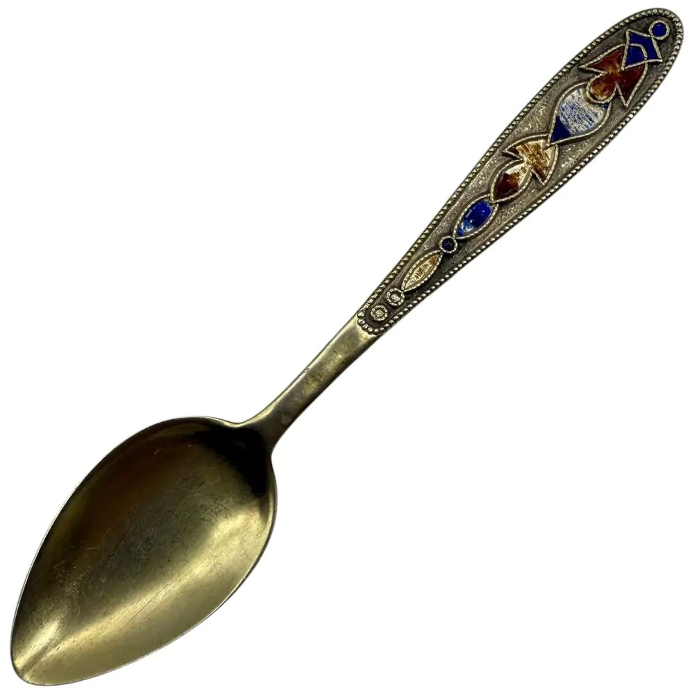 Ложка кофейная "Ландыш" (красный, синий) 11 см, серебро 0.875, 1973 г. Русские самоцветы (3ЛЮ) СССР