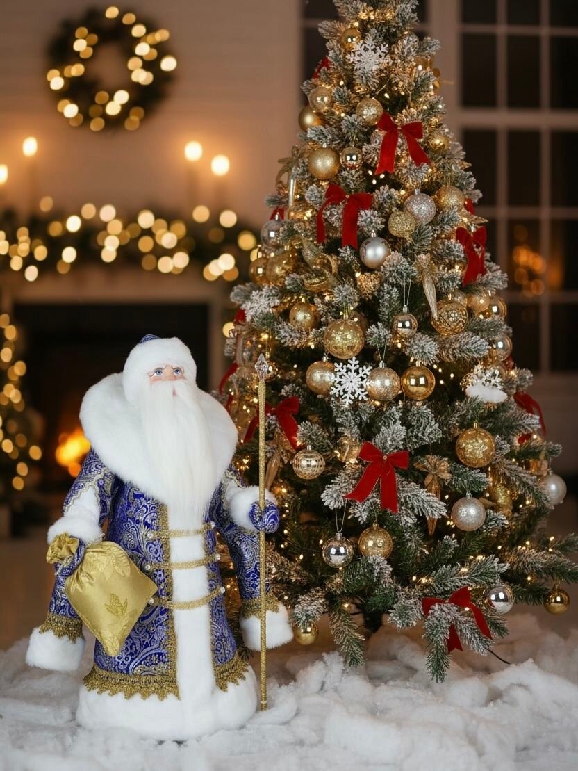 Дед Мороз под ёлку 50 см синяя с золотом шубка ручная работа сделано в России