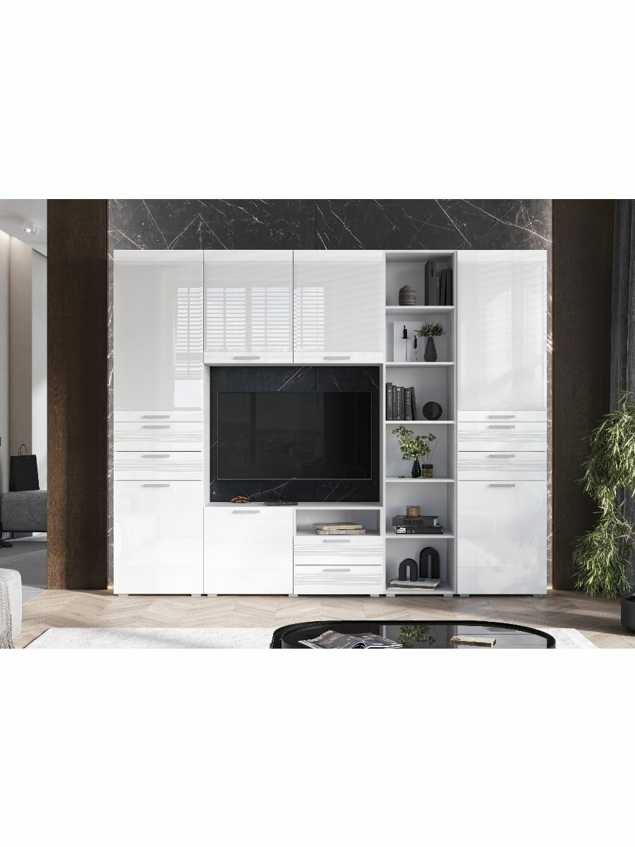 Гостиная Асти Вариант №1 2682х2150х382, Белый/Белый глянец, МИФ