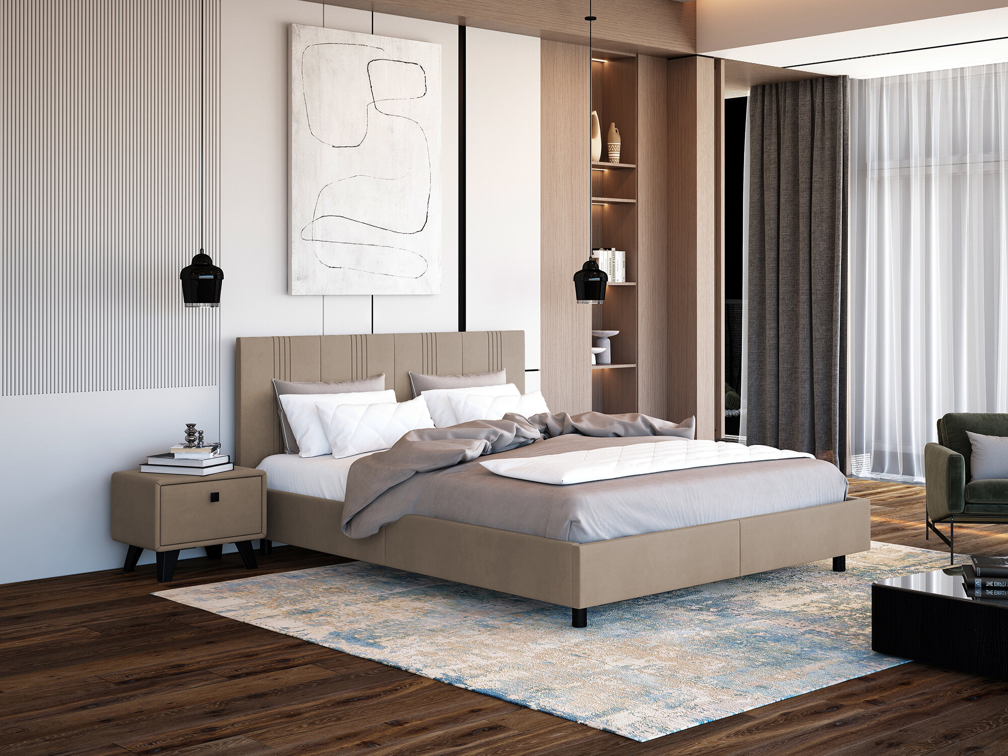 Кровать мягкая эталон 160*200, двуспальная, без подъёмного механизма, песчано-бежевый, с мягким изголовьем.167*206*97.5