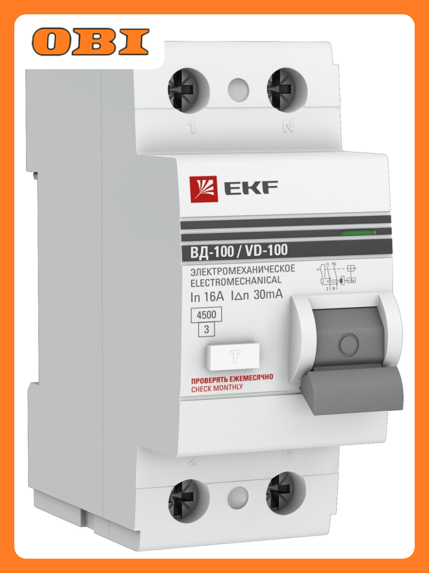 Дифференциальный выключатель EKF PROxima ВД-100 2P AC16 А 30 мА 4,5 кА