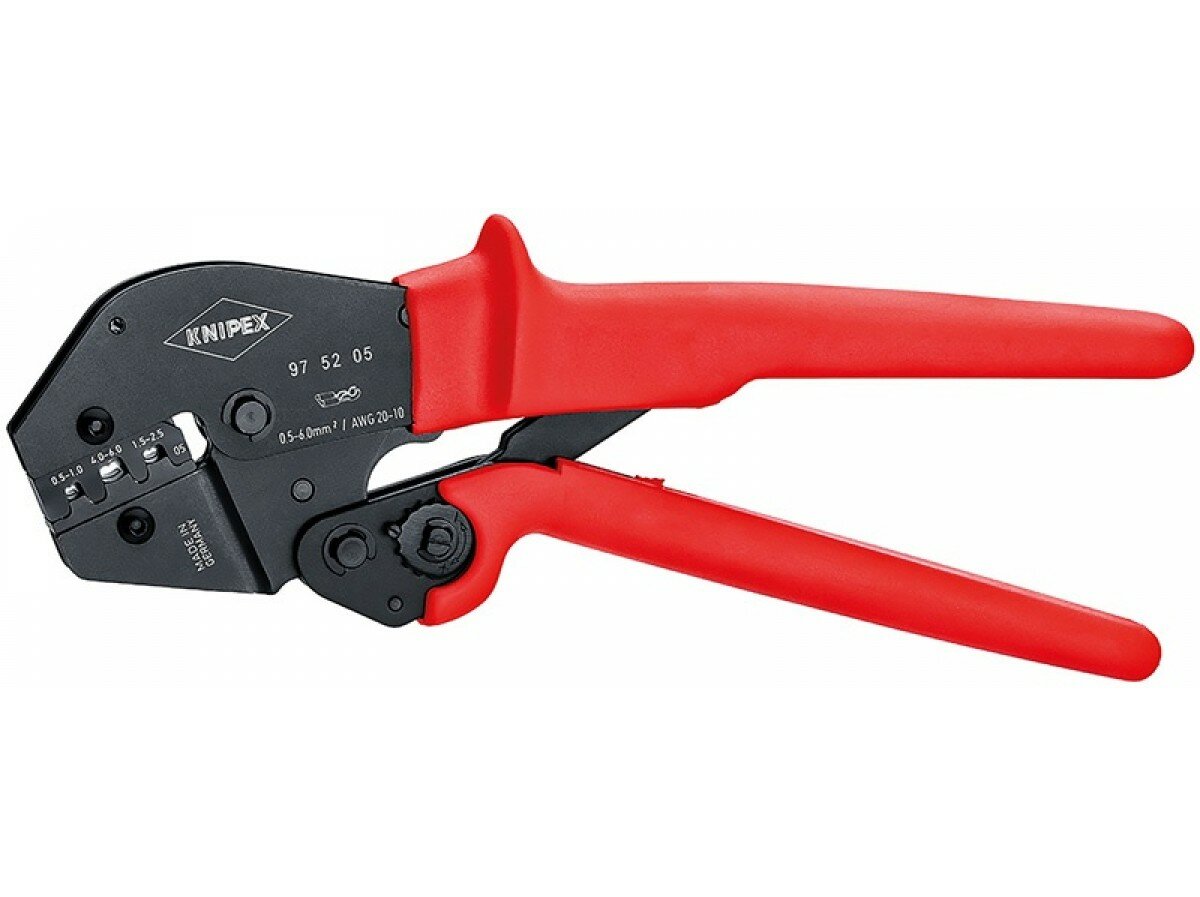 Пресс-клещи KNIPEX 3 гнезда, штекеры открытые неизолированные 4.8/6.3 мм, 0.5-6.0 мм², длина 250 мм
