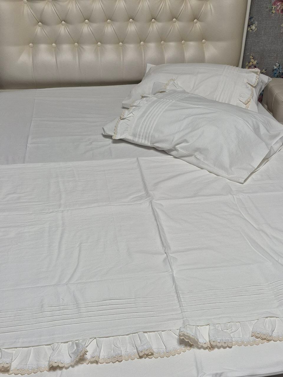 Постельное белье 2 спальное , вареный хлопок с добавлением льна 70/30 %, кружево х/б