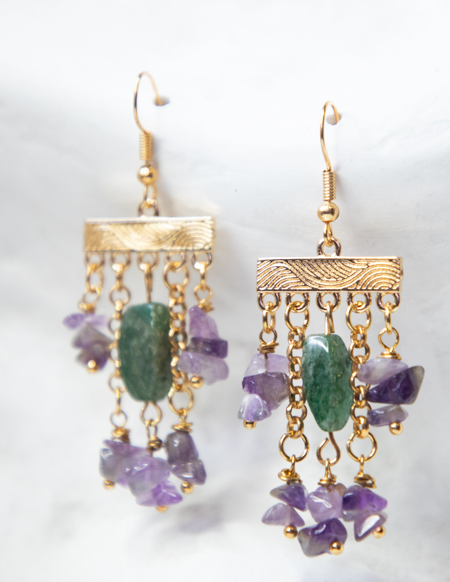 Серьги с подвесками, жадеит, флюорит