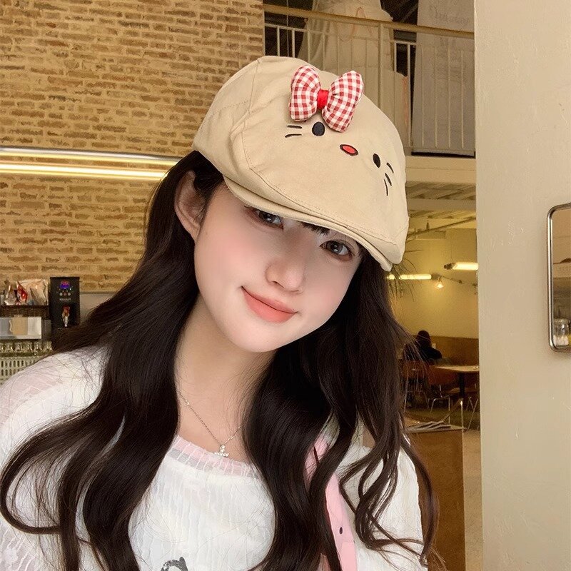 Весенне-летняя тонкая милая женская шляпа с бантиком и кошачьим носом, корейская версия, универсальная шляпа с обратным носком, маленькая шляпа, чтобы показать лицо