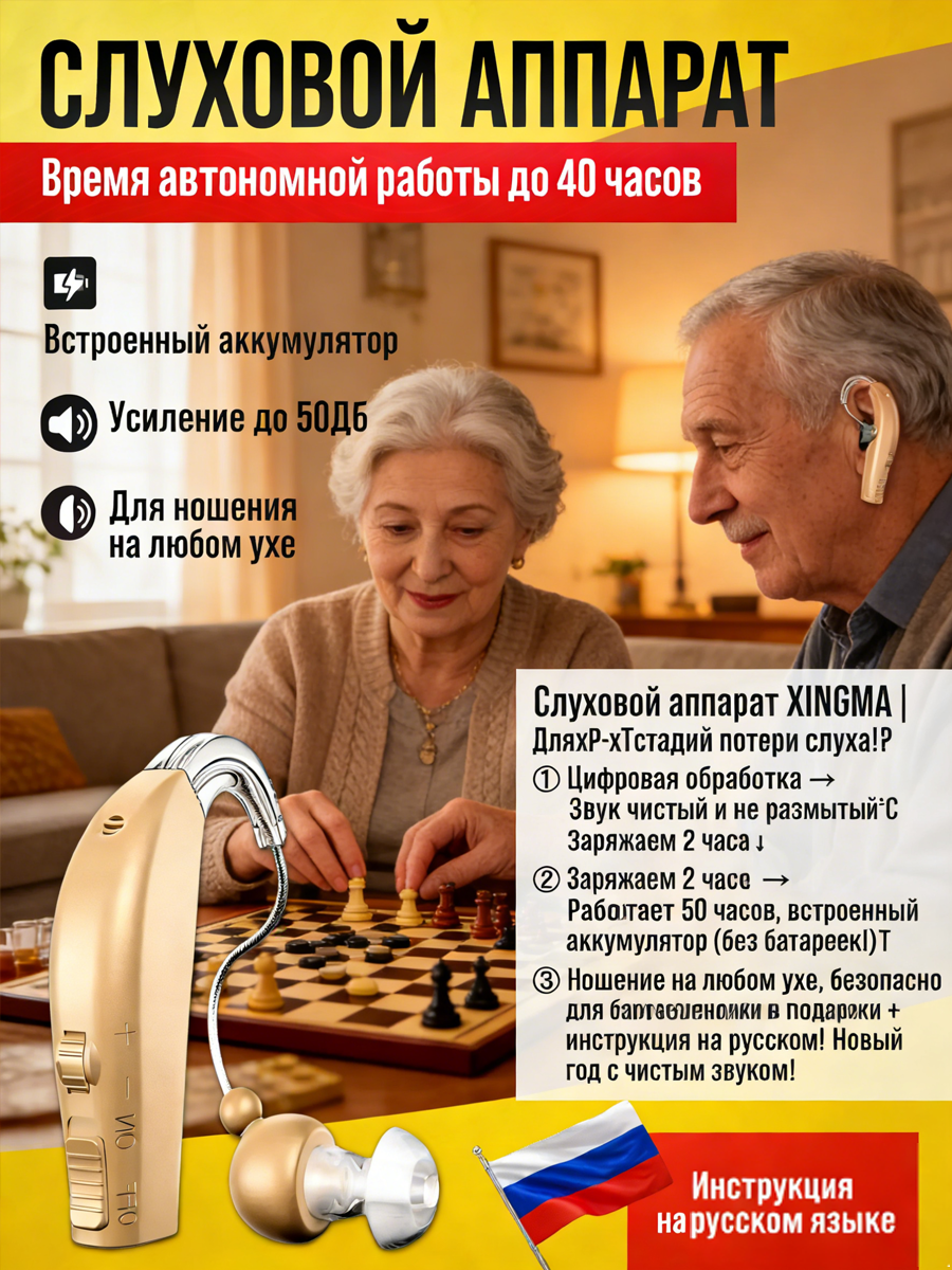 Накладной слуховой прибор с зарядным устройством для пожилых и взрослых