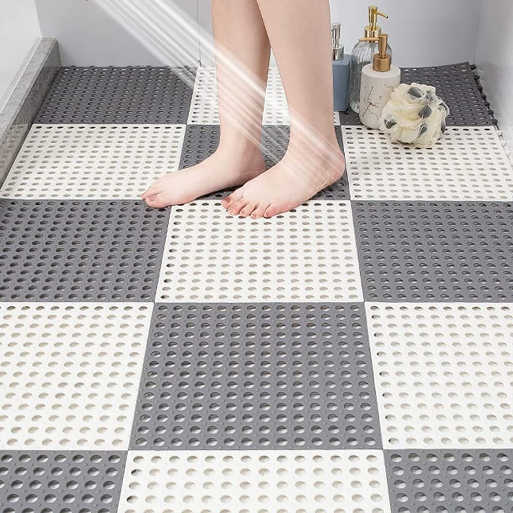 10 шт Плитки для пола из резины с дренажными отверстиями DIY Размер 11.8 дюймов x 11.8 дюймов для ванной бассейна Серый и Белый