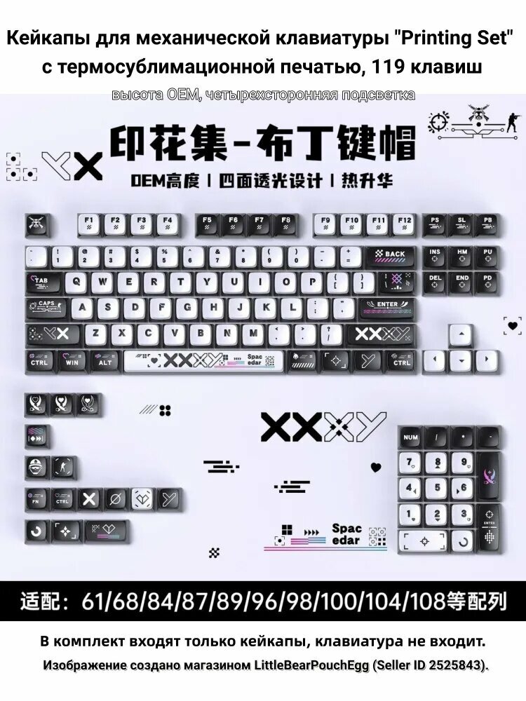 Кейкапы для механической клавиатуры "Printing Set" с термосублимационной печатью, 119 клавиш, высота OEM, четырехсторонняя подсветка, черный и белый цвет