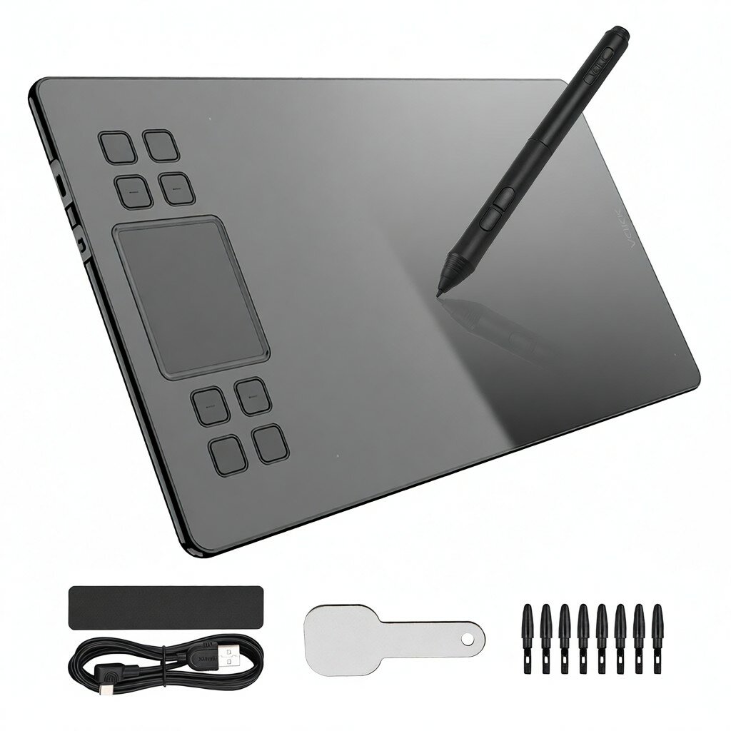 VEIKK A50 Планшет для рисования Graphics Tablet Черный 10 x 6 дюймов Активная область 8 Клавиш быстрого доступа и Сенсорная панель с жестами 8192 Уровня давления Безбатарейный стилус 8 Ножек для пера Совместим с Windows Mac OS Android
