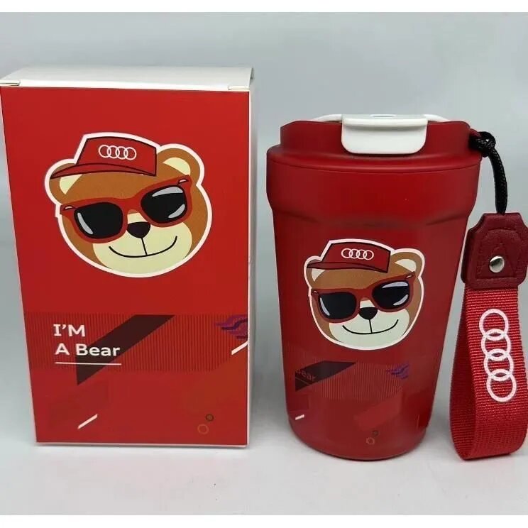 Термокружка Audi Bear 0.48 л красная, с изображением медведя и логотипом
