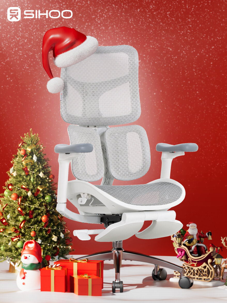 Кресло компьютерное с подножкой SIHOO Doro S100 (разделенный поясничный упор, сетка, белый, серый)