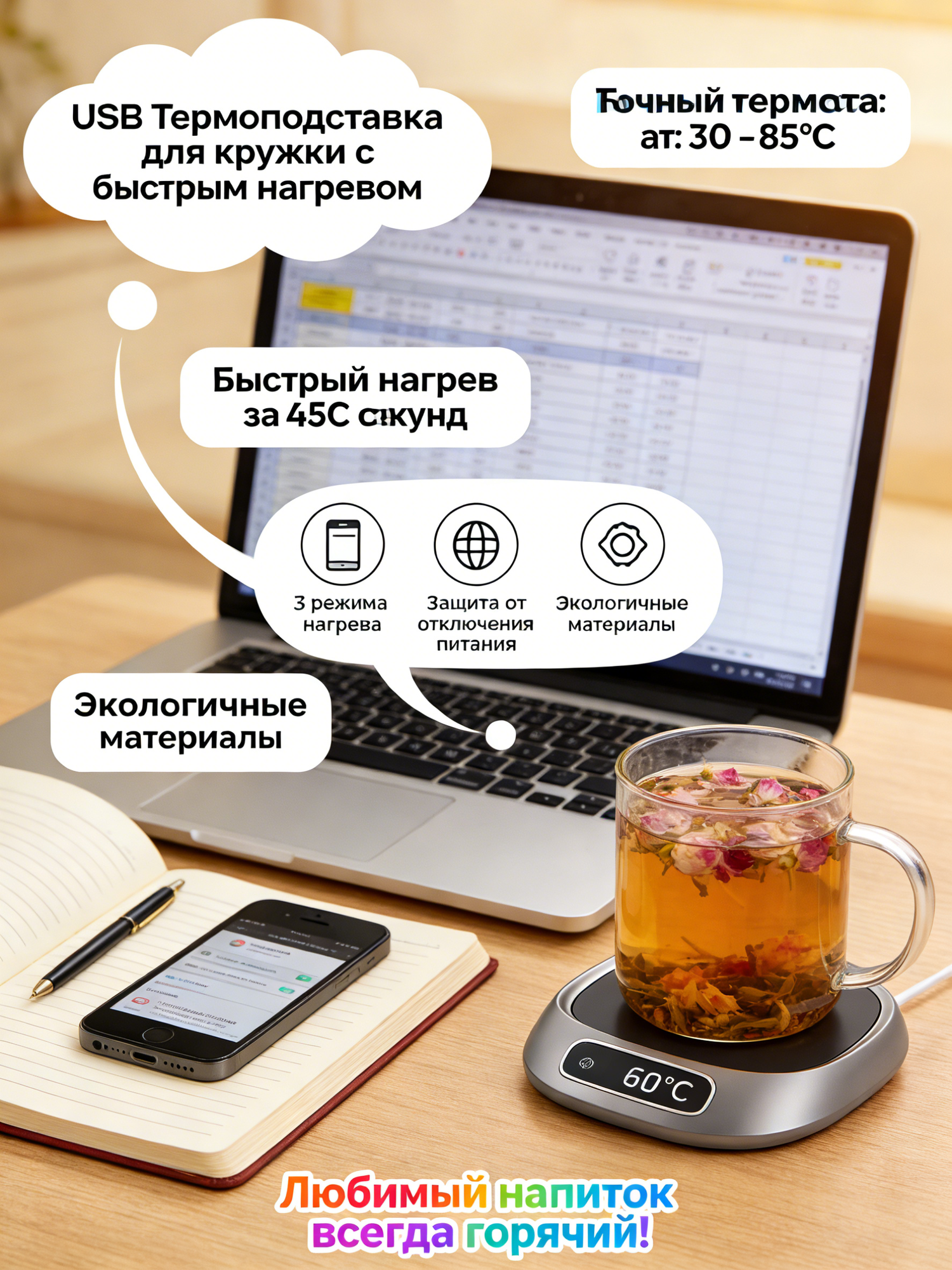 Термоподставка для кружки "cool grey", metal/ceramic, электрическая, с подогревом