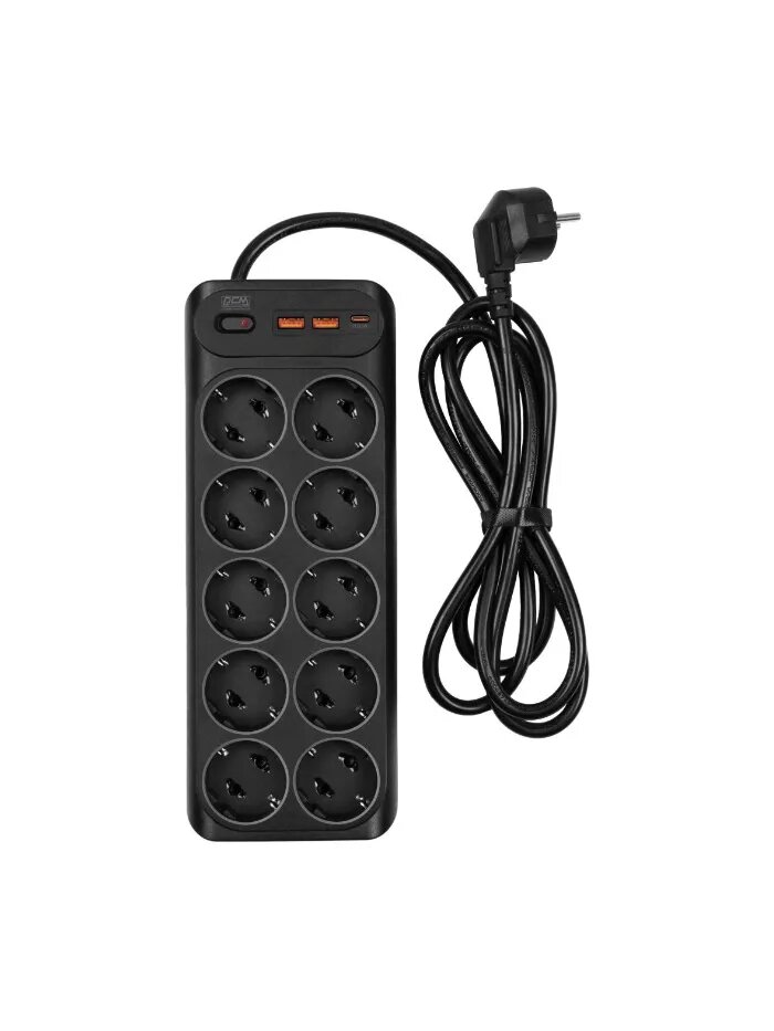 Сетевой фильтр Powercom SP-10 USB2A1CB 1.8M 10 розеток, черный, 16А, 4кВт, 204Дж, защита от КЗ и импульсных помех