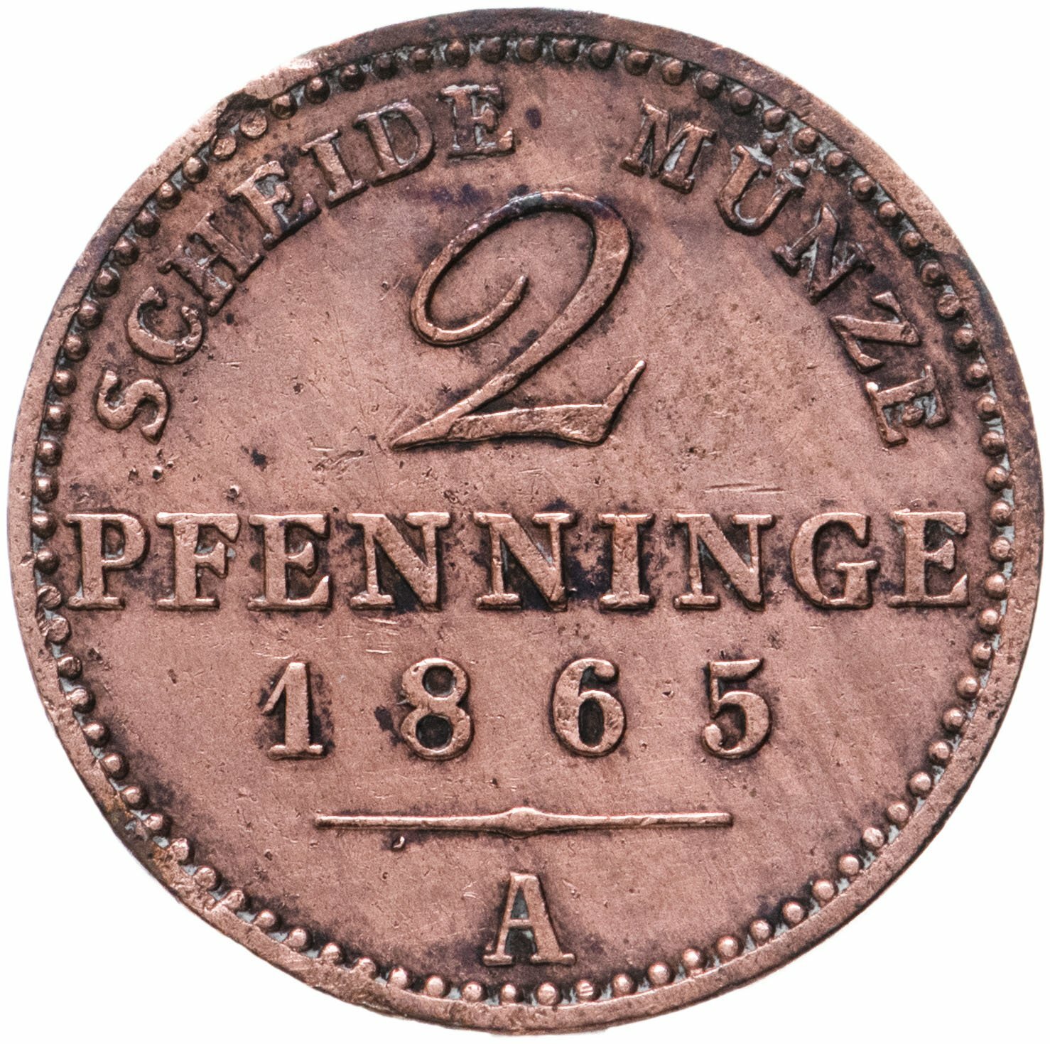 Германия, Пруссия 2 пфеннига 1865, Медь, в сохранности VF-XF