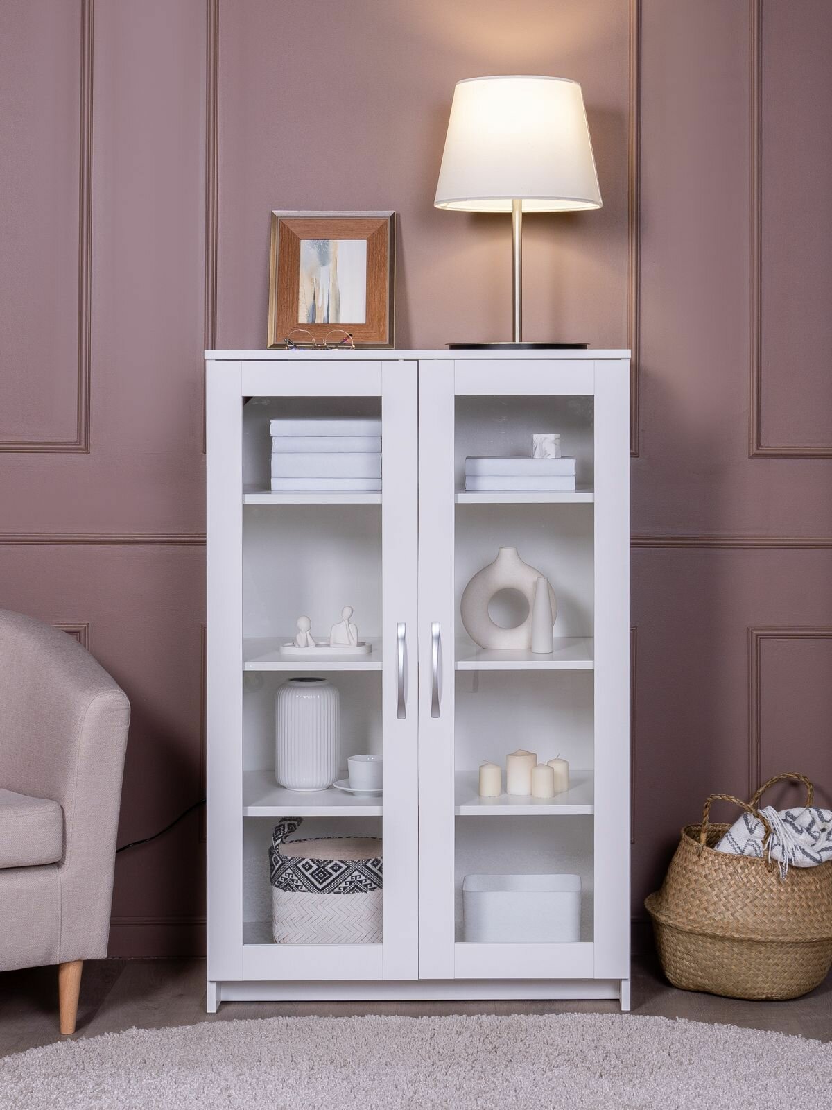 Тумба Сириус, 2 двери со стеклом, 78х41х124 см, белая, ГУД лакк