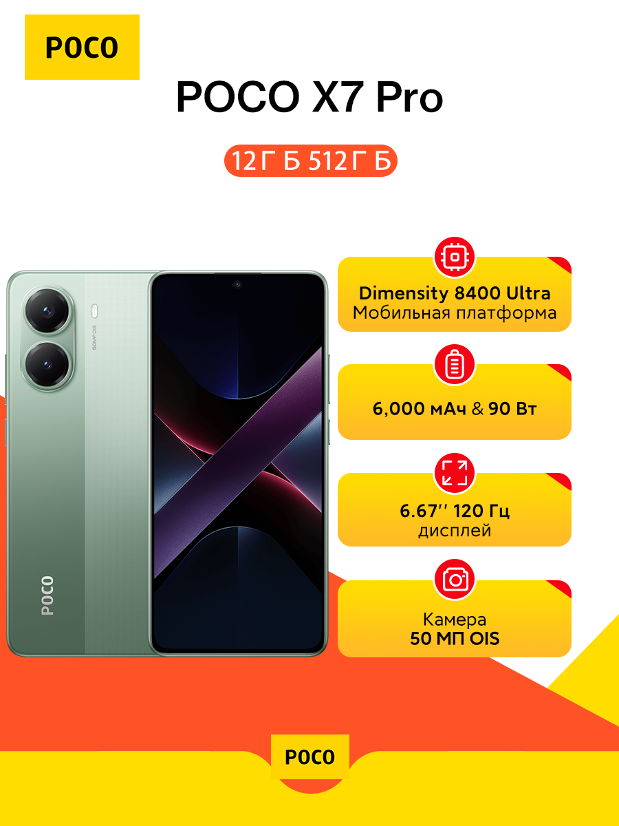 Смартфон Xiaomi Poco X7 Pro 5G Green 12/512 GB, Глобальная версия зеленый