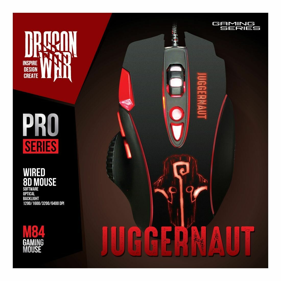 Мышь компьютерная игровая Qumo PRO Series Juggernaut M84, проводная, оптическая, 8 кнопок, подсветка, 1200/1600/2400/6400DPI