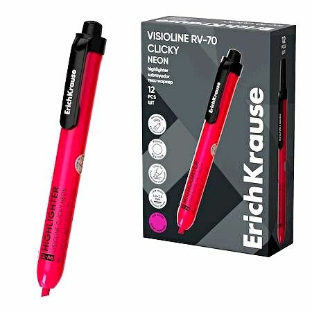 Текстовыделитель Erich Krause автоматический, Visioline RV-70 Clicky Neon, розовый 65580
