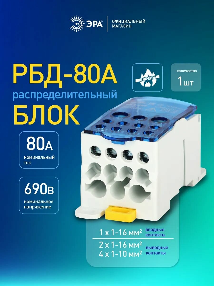 Блок распределительный ЭРА РБД-80А на DIN-рейку и монтажную панель, 1 штука