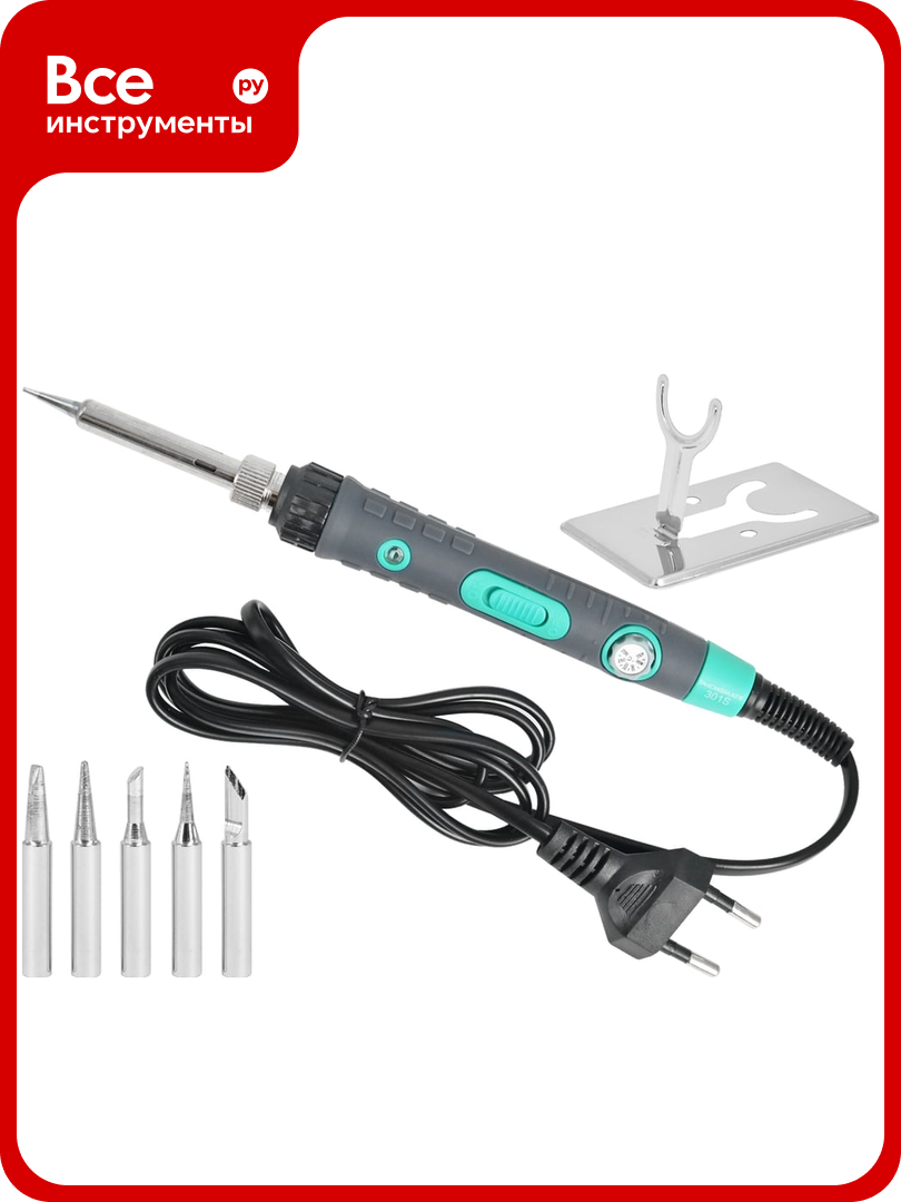 Паяльник Phonemate 301S 60 Вт + 5 жал М7762887, нагреватель, медные конические жала, комплект с подставкой