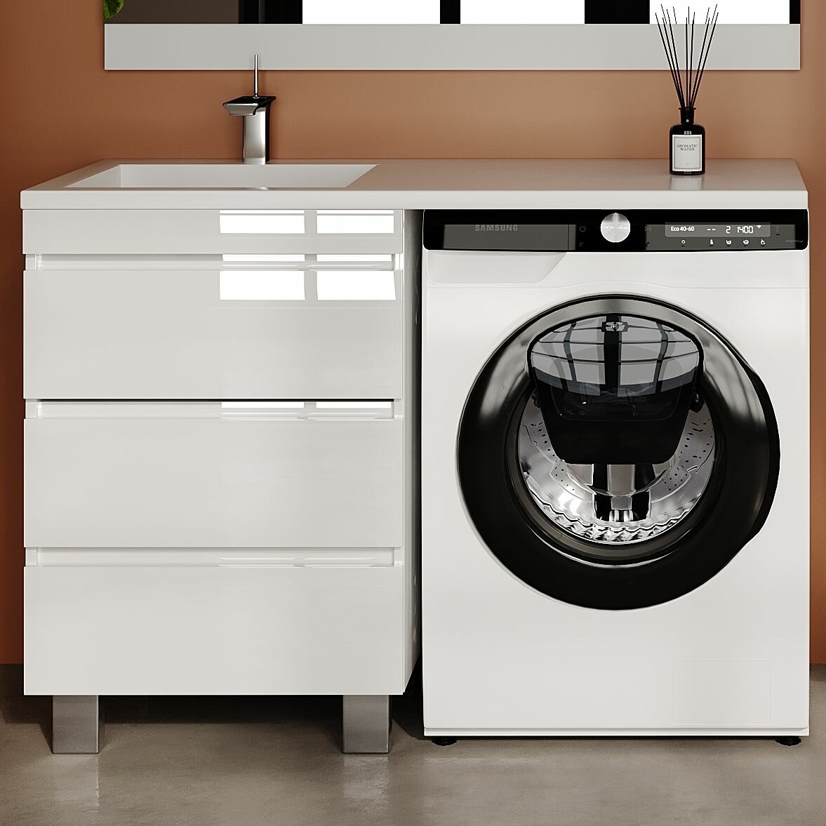 Тумба с раковиной под стиральную машину StyleLine Леон 120 L 3 ящика Люкс Plus белая